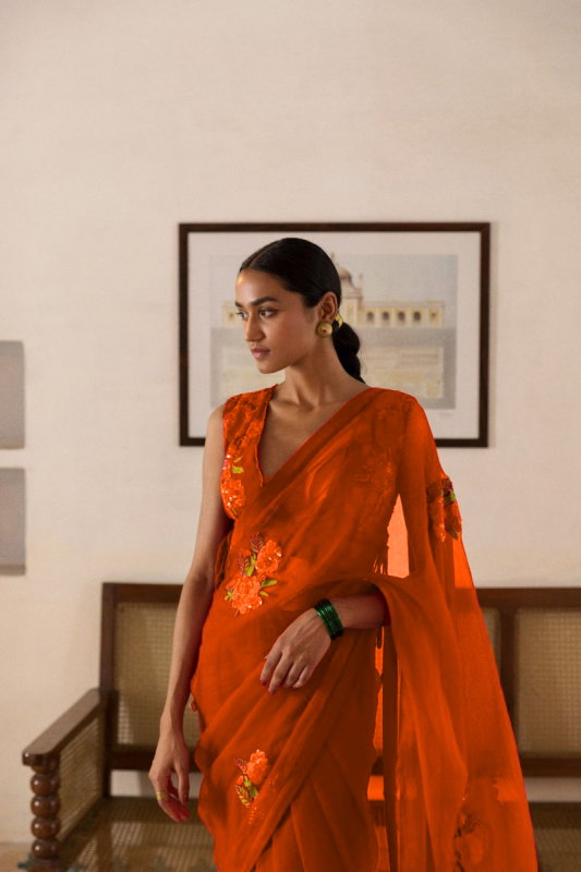 Buy orange sahina silk organza saree By Peeli Dori Peeli Dori